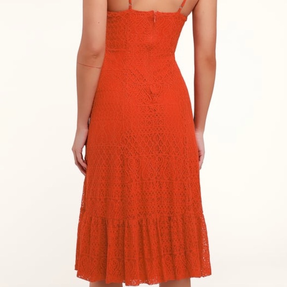 Lulus | Dresses | Orange Lace Midi Dress With Ruffle Bottom | Poshmark